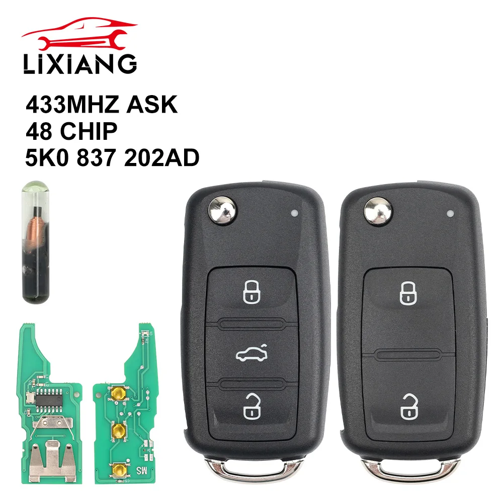 LIXIANG 2/3 Buttons Remote Car Key 434MHz ID48 Chip For VW Volkswagen ...