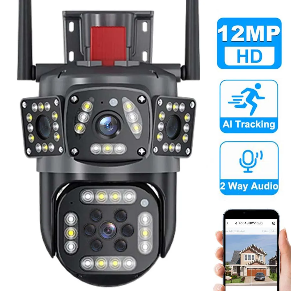 12MP 6K WiFi IP Camera Three Screens Outdoor Wireless Security Camera ...