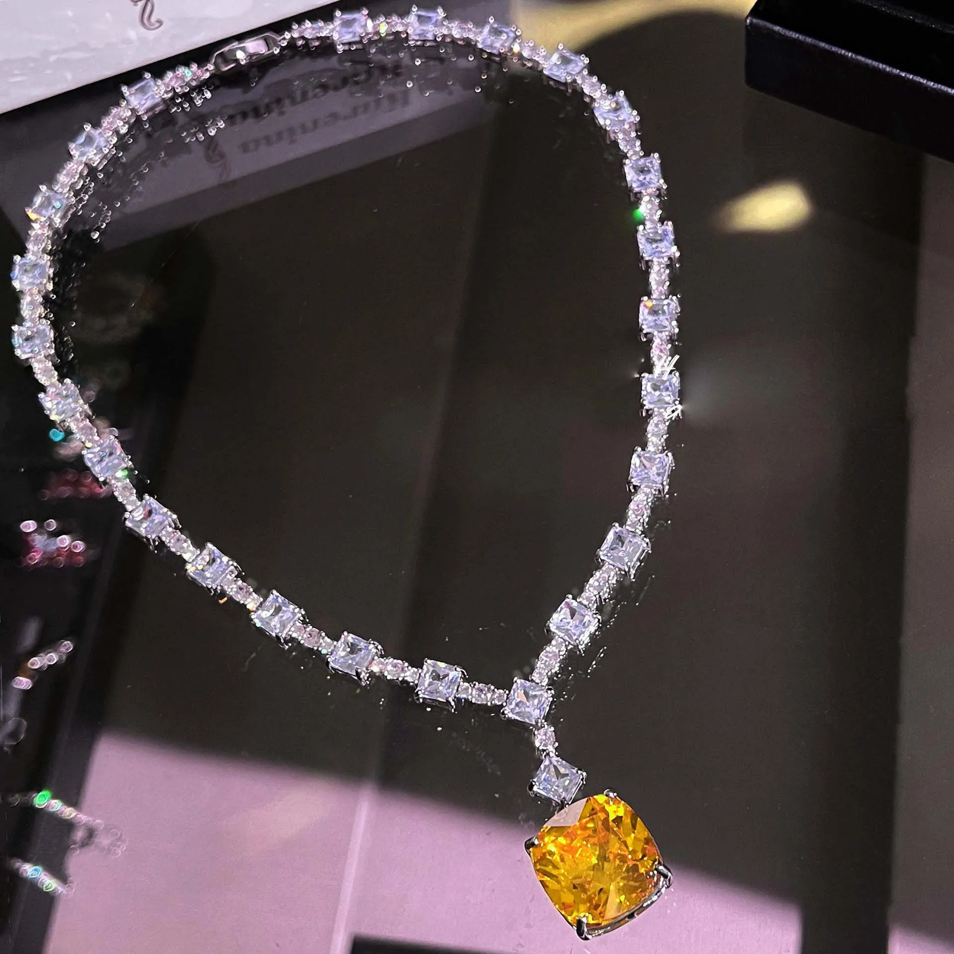 Women Brilliant yellow crystal gemstone necklace plated with 18K gold ...