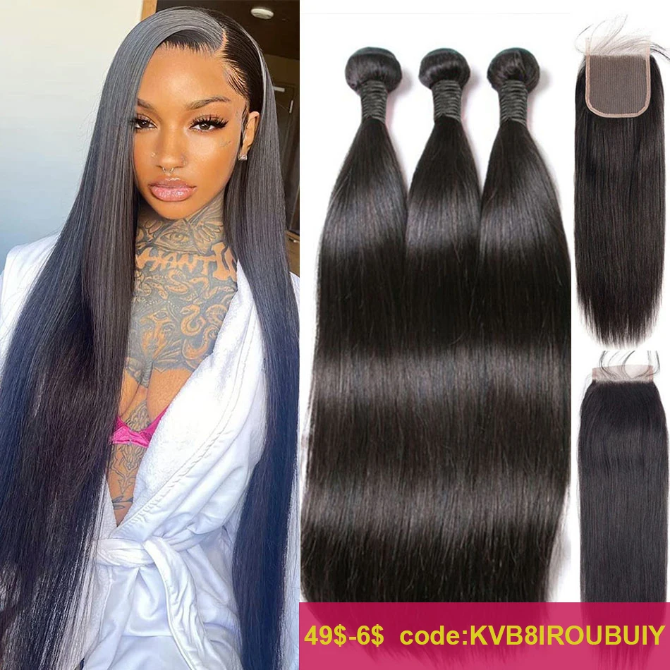 Bone Straight Bundles With Closure Brazilian Hair Weave Bundles With ...
