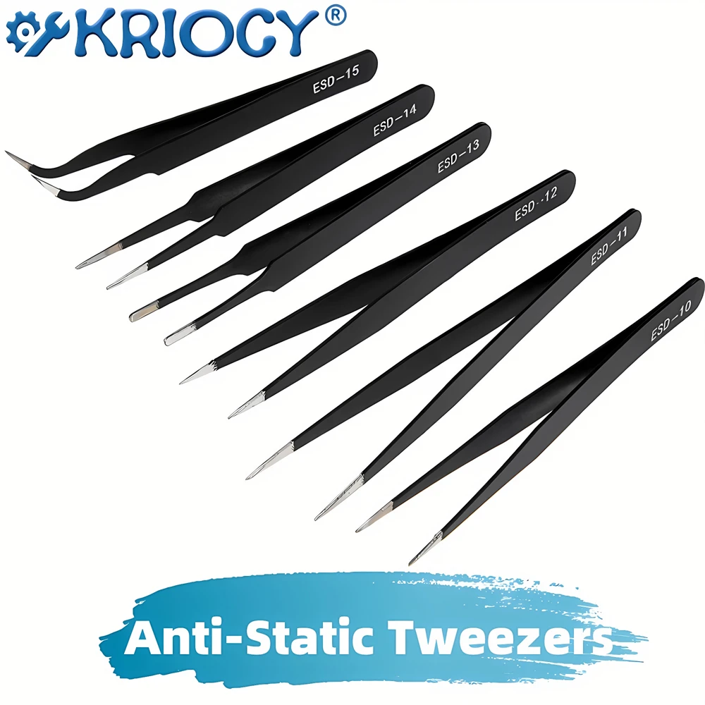 6PCS ESD Anti-Static Stainless Steel Tweezers Set Maintenance Repair ...