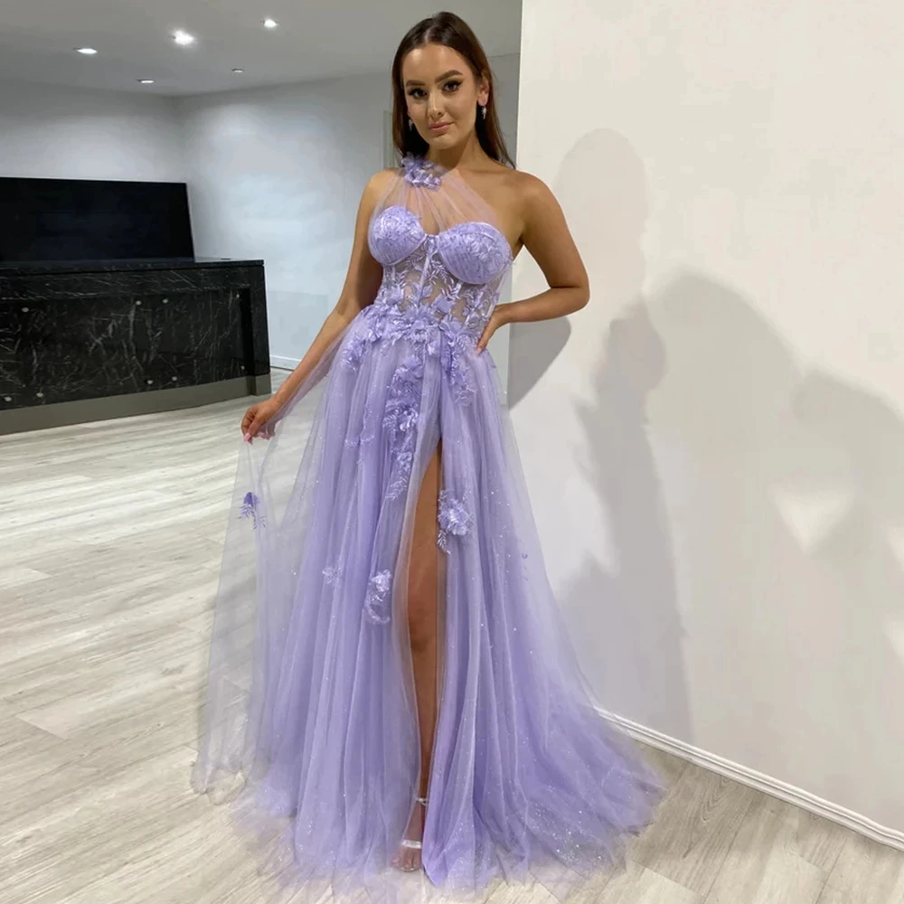 Lavender-Tulle-Formal-Evening-Dresses-One-Shoulder-Floral-Exposed ...