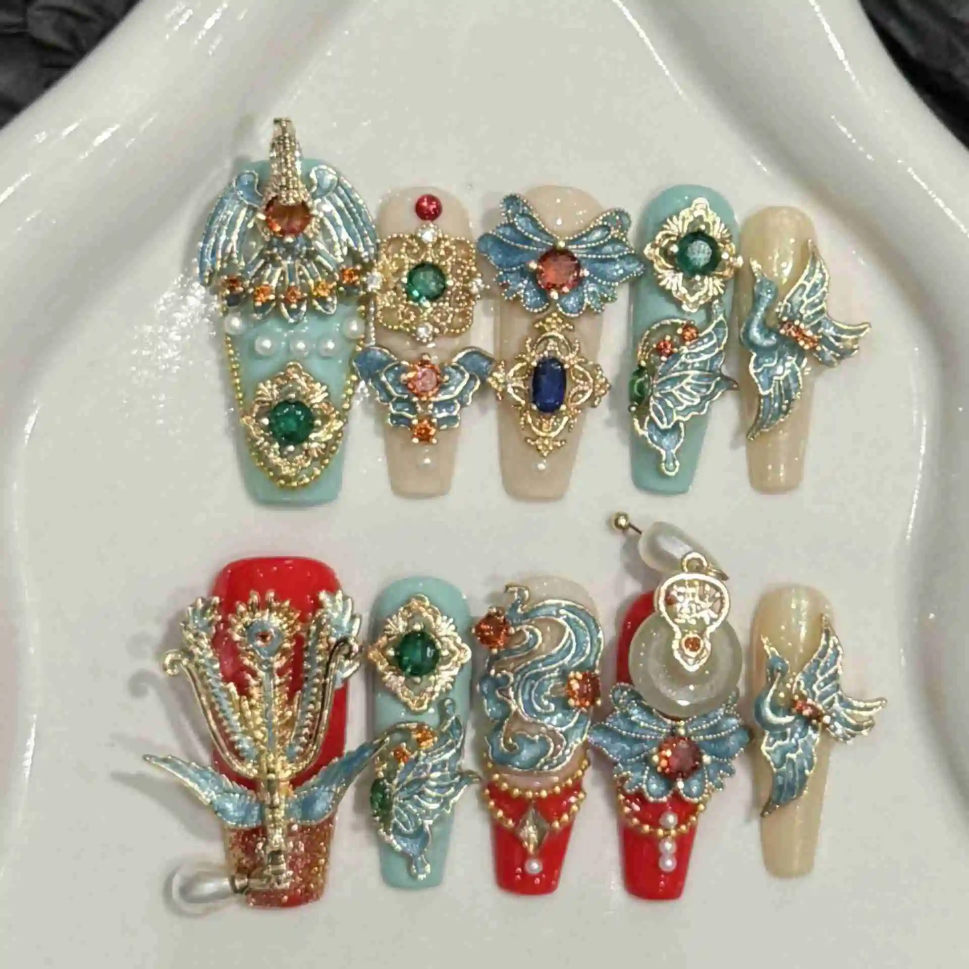 10pcs Chinese Retro Handmade False Nails Luxury Dragon Phoenix Colorful ...