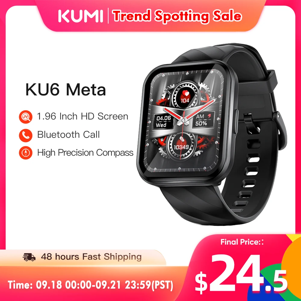World Premiere KUMI KU6 Meta Smart Watch 1.96" 100+Exquisite Dial with Compass Bluetooth Call ...