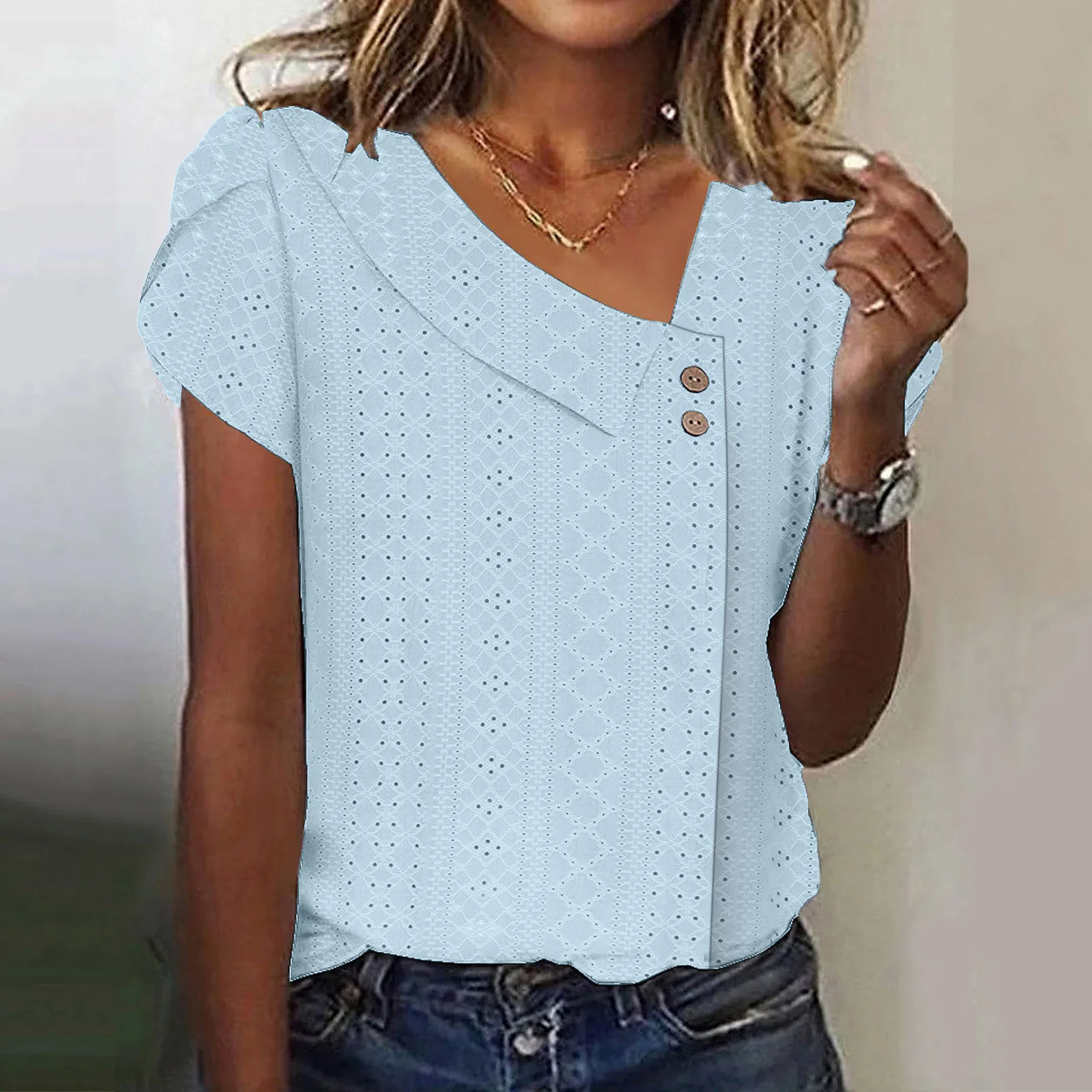 Women-s-Solid-Color-T-Shirt-Jacquard-Diagonal-Collar-Button-Petal ...