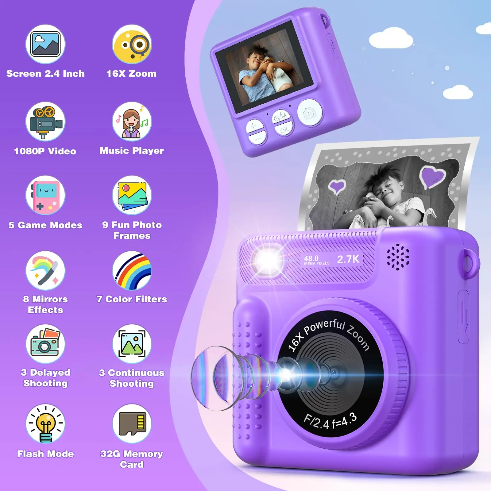 VATOS Instant Print Camera-2.4 inch Digital Camera Rechargeable ...
