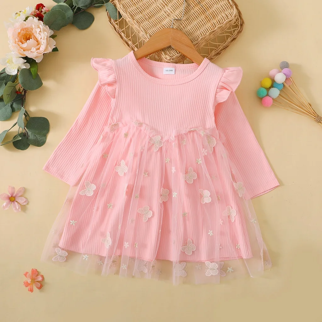 1-5 Years Children Girl Pink Butterfly Design Princess Dress Ribbed ...