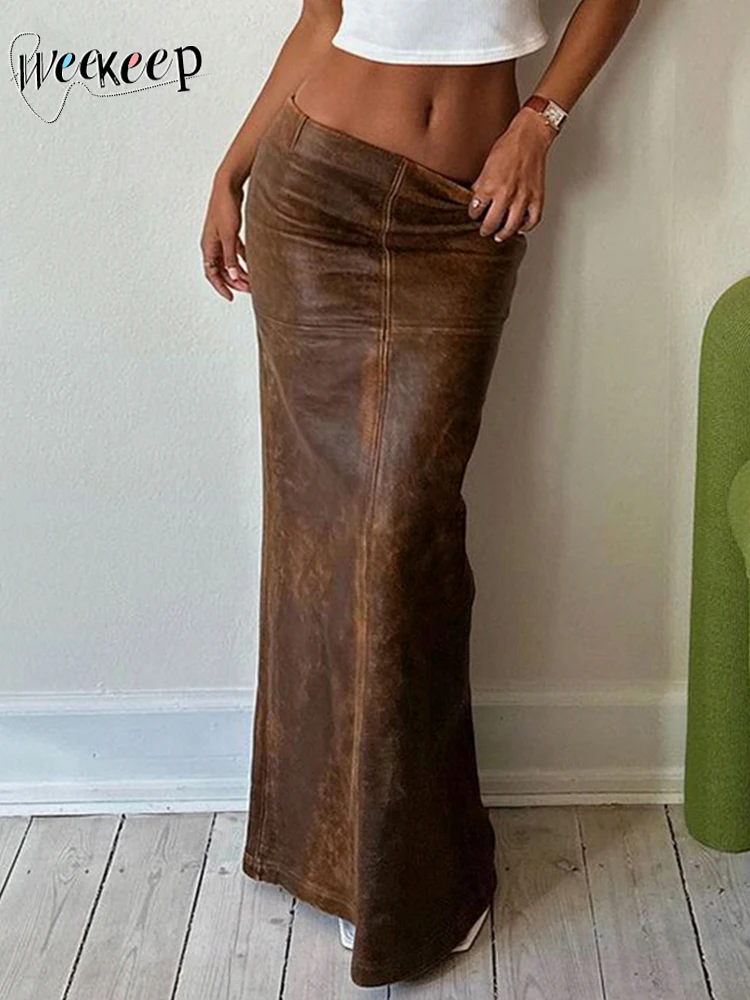 Weekeep-Vintage-Leather-Skirt-Women-Street-Style-Low-Rise-Straight-Long ...