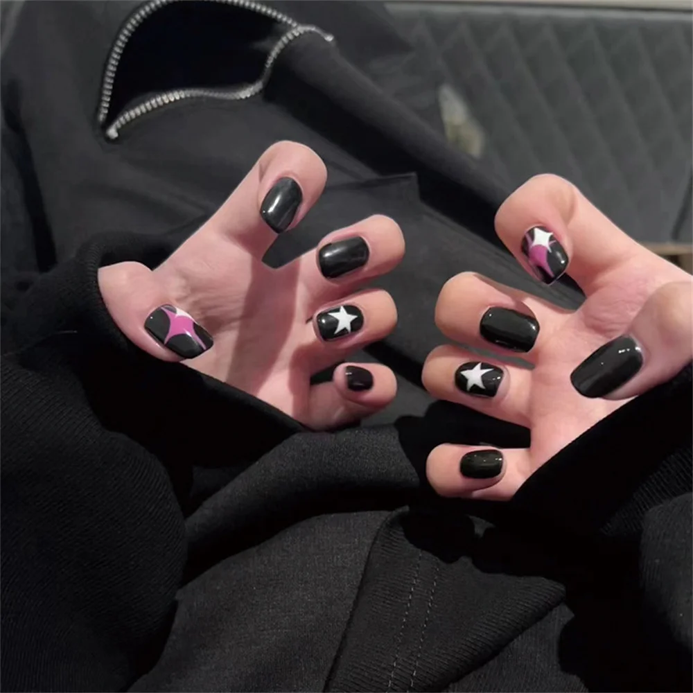 24pcs-Short-y2k-False-Nail-White-Star-Black-Press-on-Nail-Art-Manicure ...