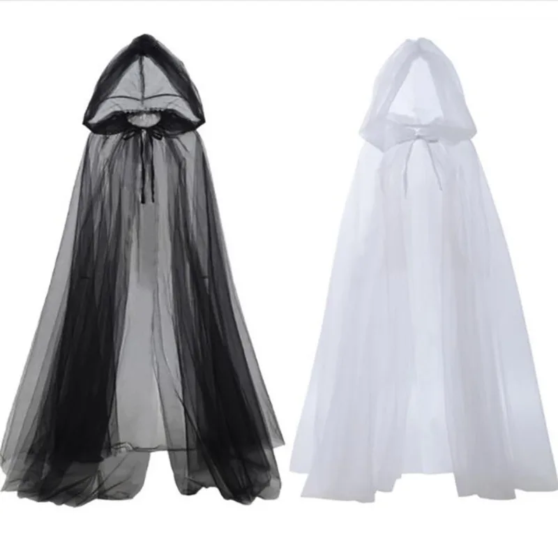 Witch Costume Elf Cloak Women Halloween Hooded Tulle Cape Cosplay ...