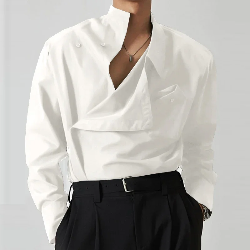 Elegant Turn-down Collar Irregular Shirts Mens Long Sleeve Button-up ...