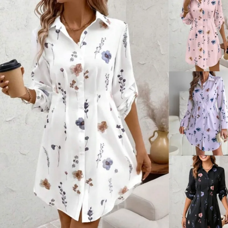 Women's Shirts Dress Autumn Casual New Elegant Floral Printed Lapel ...