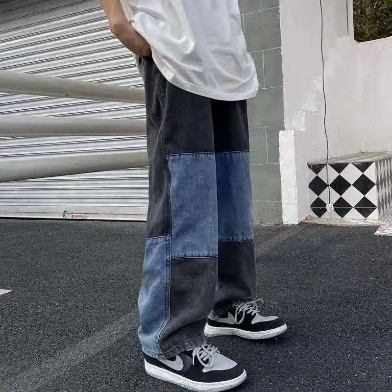Streetwear Patchwork Jeans Men Vintage Patchwork Wide Leg Straight ...