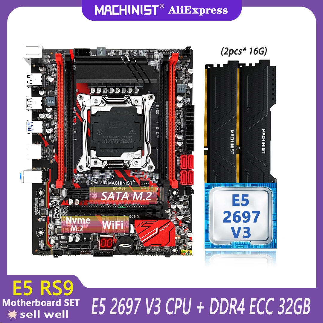 Machinist rs9 マザーボードセット,PCコンポーネントキットlga 2011 3 xeon e5 2697 v3,cpu 2x16gb,ddr4,ecc,ram,ssd,nvme ...