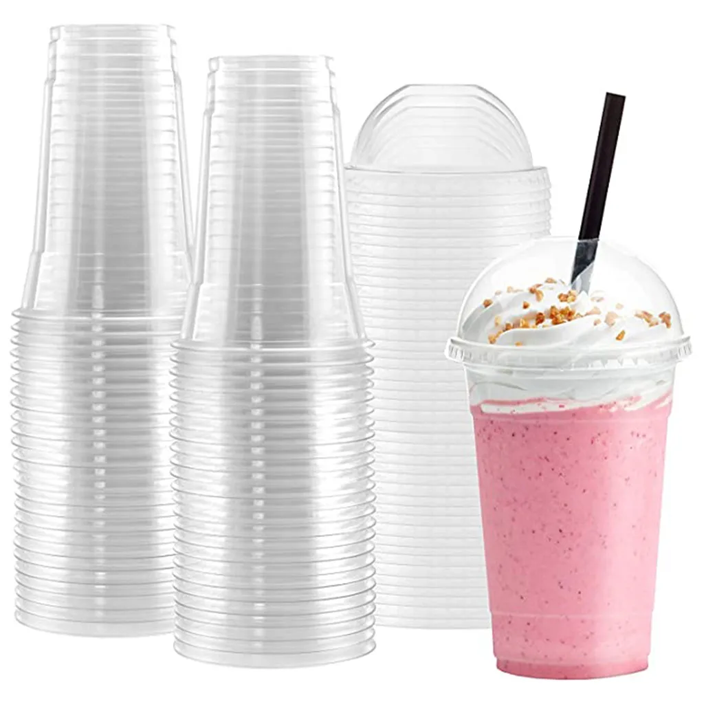 100PCS/Set 450ML Plastic Cups with Dome Lids for Iced Cold Drink Coffee ...