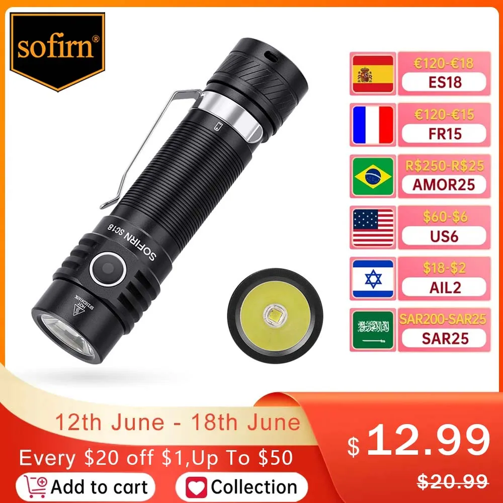 Sofirn SC18 EDC LED 손전등, TIR 광학 렌즈 랜턴, USB C 충전식 토치, SST40, 18650 전원 ...