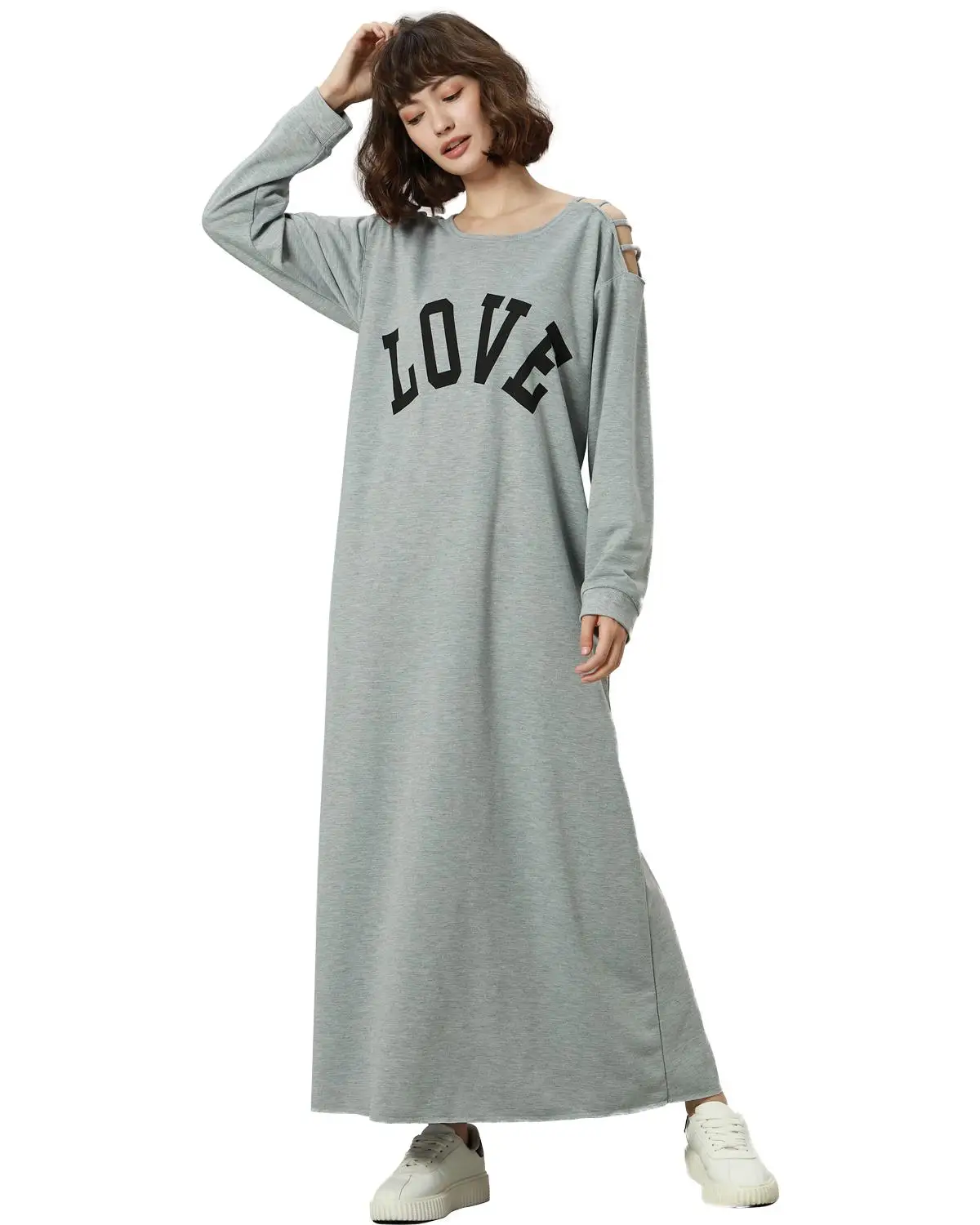 Women's Cold Shoulder Cut Out Long Sleeves Dress Love Print Gray Robe ...