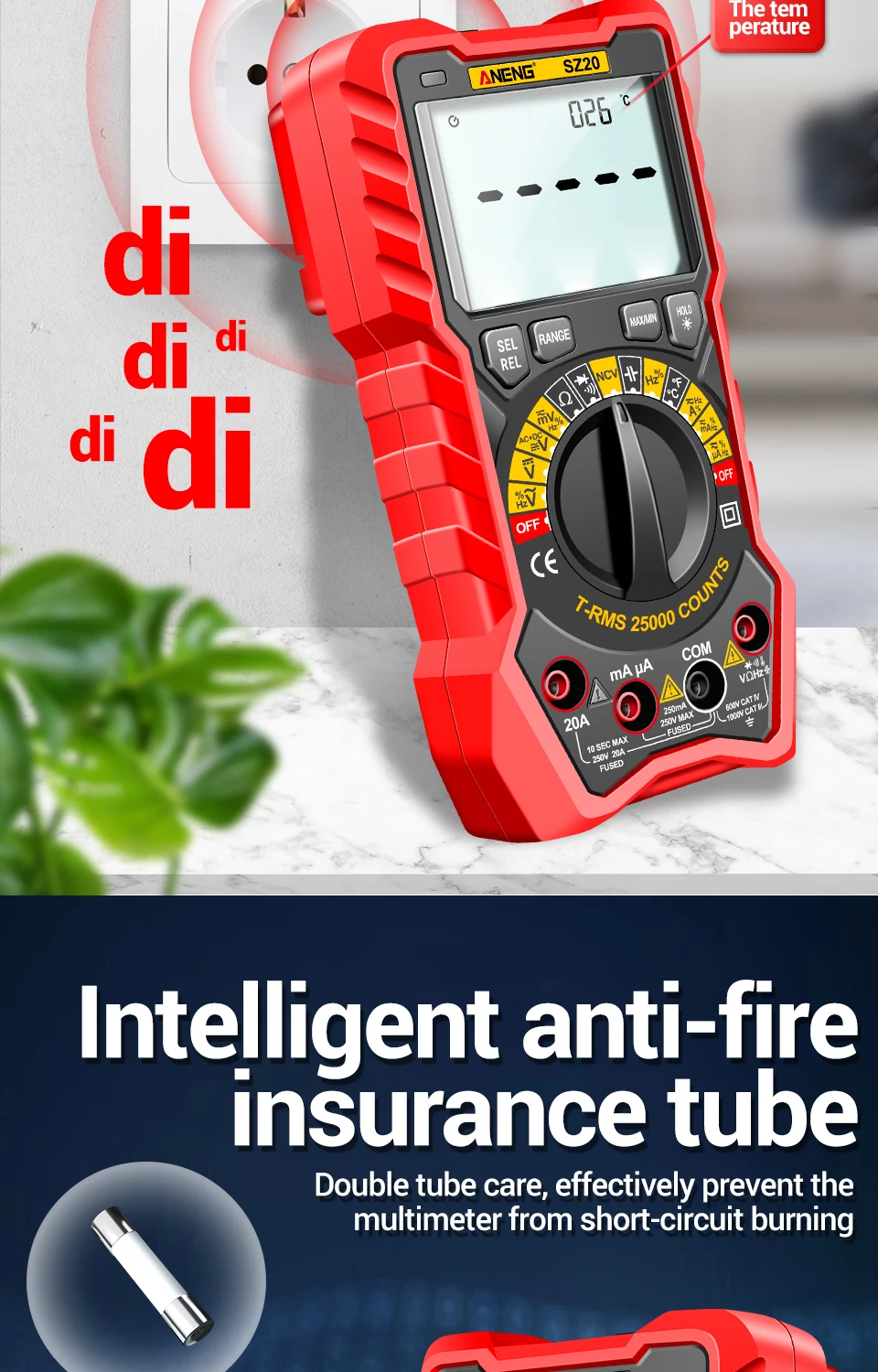 ANENG-multímetro inteligente SZ20, medidor de rango Manual, 25000 ...