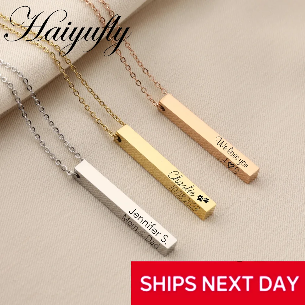 Haiyufly Engrave Name Vertical Bar Necklace for Women Stainless Steel ...