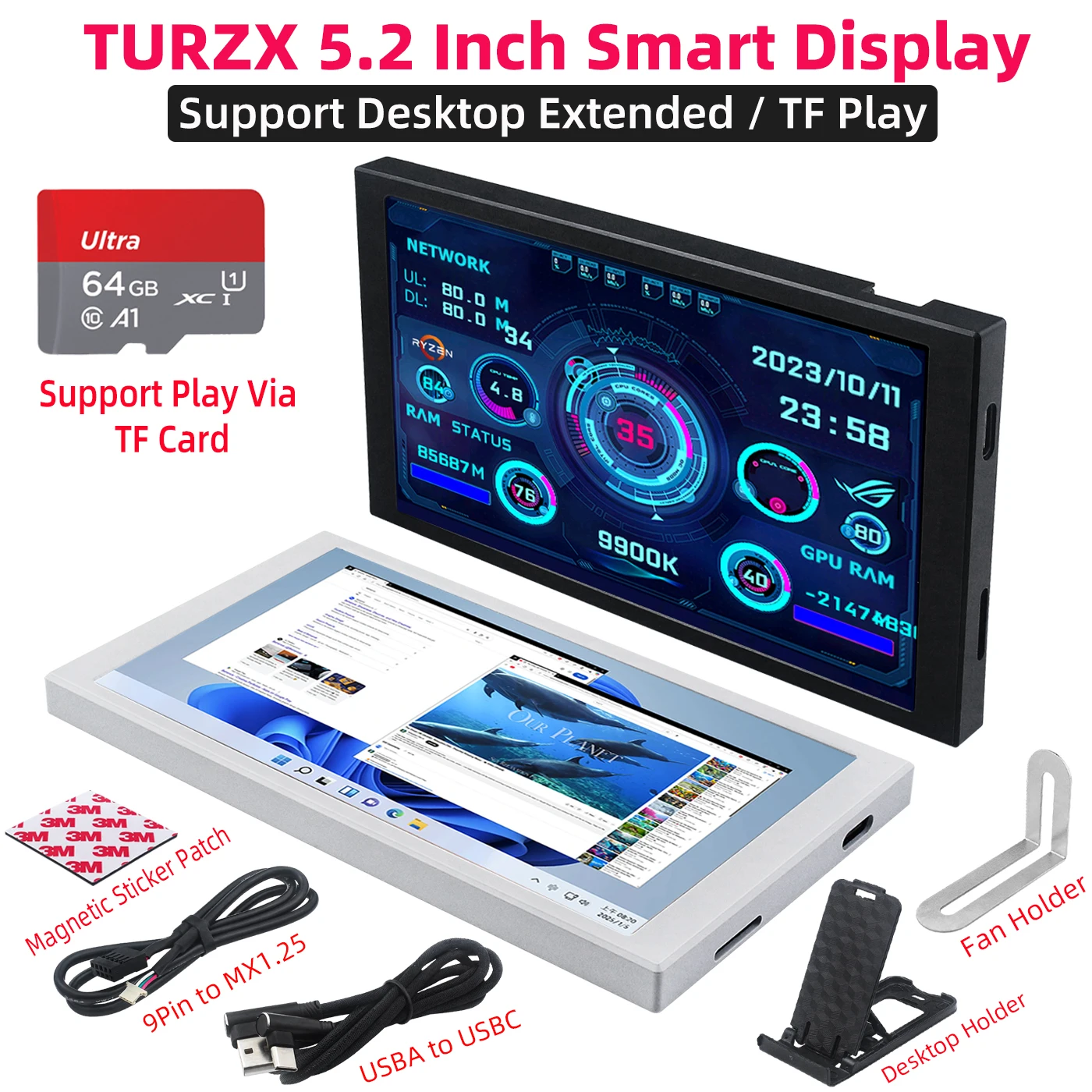 TURZX 5.2 Inch USB Secondary Screen 1280*720 IPS LCD Support Desktop ...