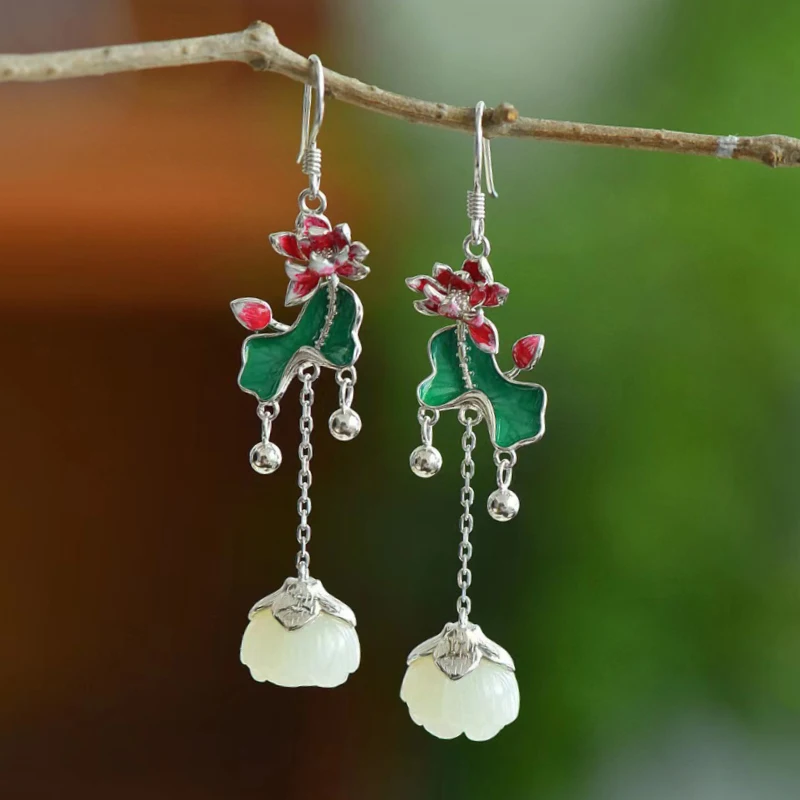 Original-design-hetian-jade-lotus-bead-earrings-for-women-long-Chinese ...