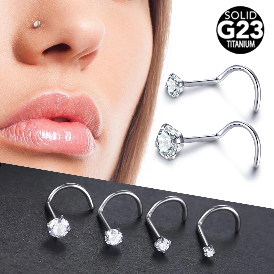 1Pc Implant Titanium Nose Stud Ring Set Round CZ Crystal Nose Piercings ...