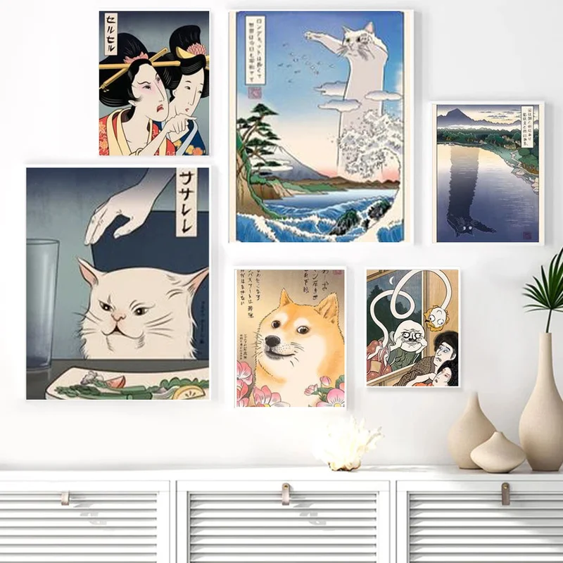 일본 스타일 그림 고양이 개와 여자 만화 캐릭터 캔버스 회화 프린트 및 포스터 월 아트 거실 홈 데코