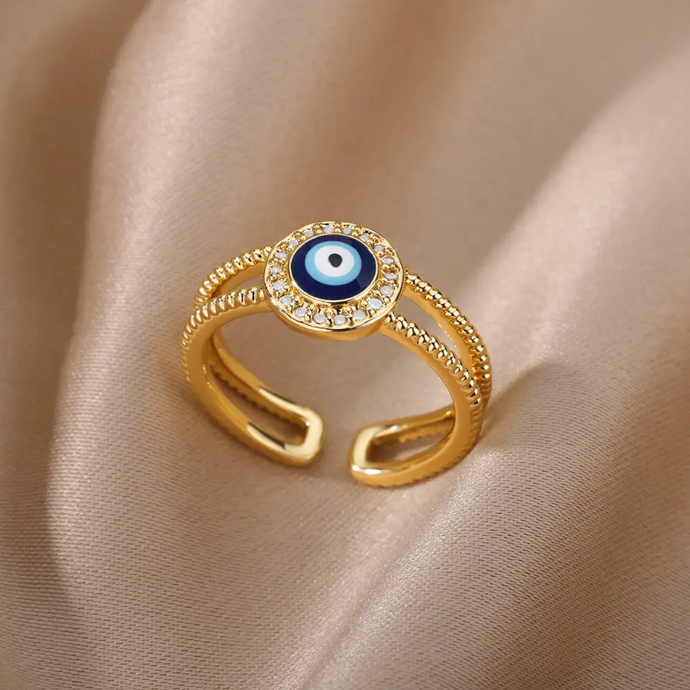 Anillos De mal de ojo chapados en oro para mujer, anillo de acero inoxidable de circón azul ...