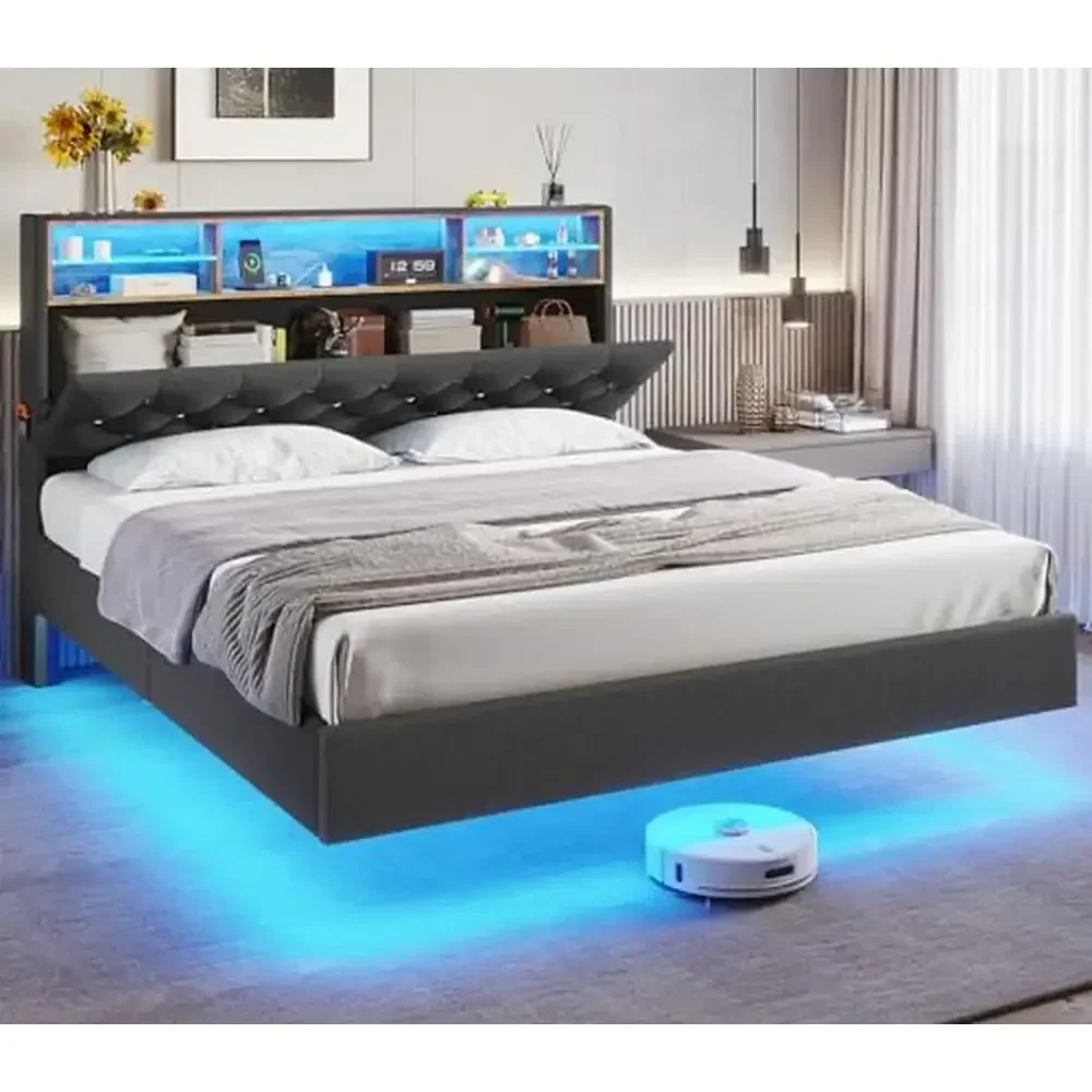 Floating-Queen-Bed-Frame-with-Storage-Headboard-RGB-LED-Lights-and ...