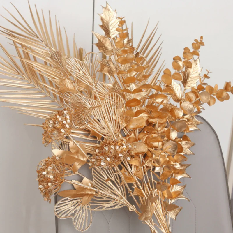 Golden-Artificial-Flowers-Simulation-Plastic-Plants-For-Christmas-Home ...
