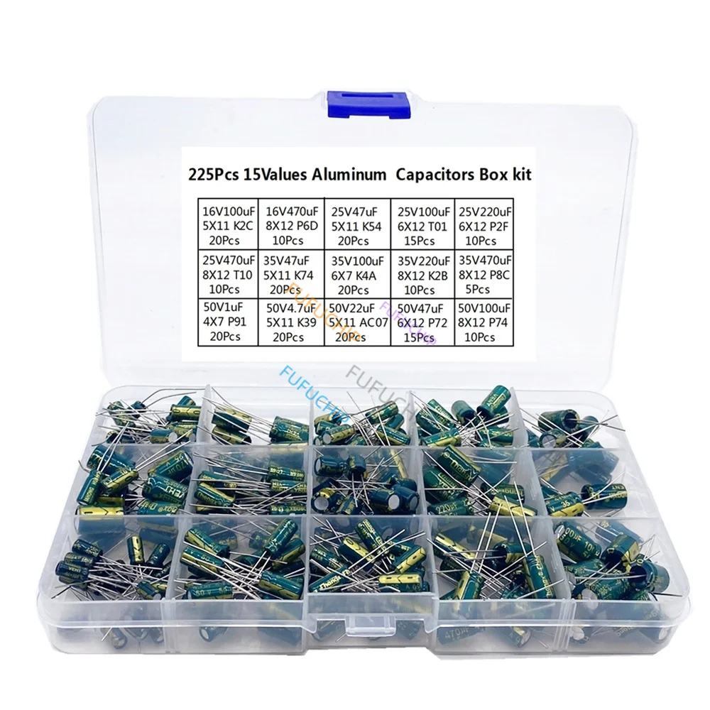 225Pcs/Box Capacitor Kit Aluminum Electrolytic Capacitors Set 15Values 16V-50V 1uF-470uF ...