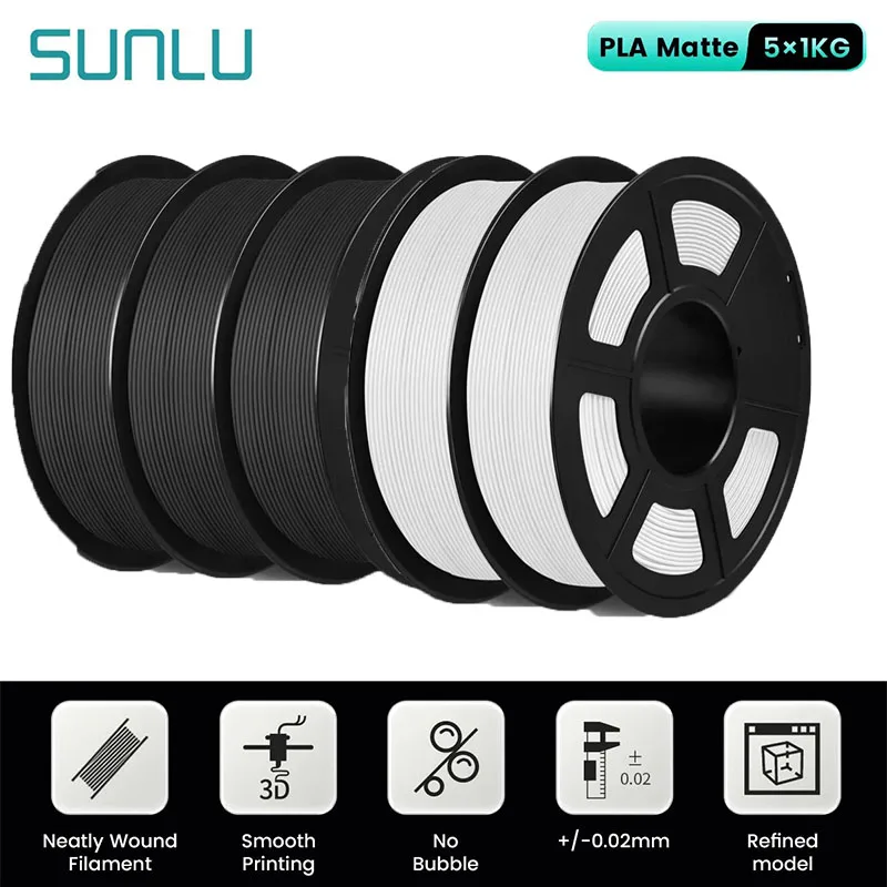 SUNLU-5Roll-PLA-Matte-Filament-1-75mm-1kg-Spool-2-2lbs-Smooth-Matte ...