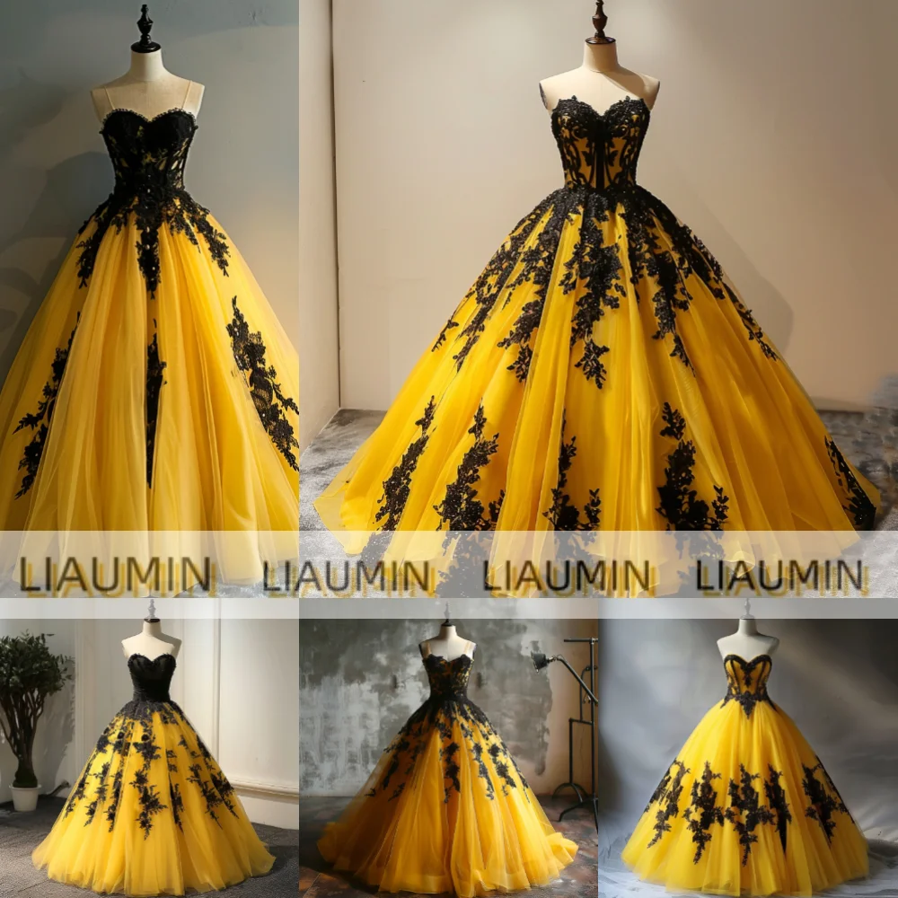 New-Classic-Yellow-Tulle-and-Black-Lace-Applique-Strapless-Ball-Gown-Prom-Formal-Dresses-Evening ...