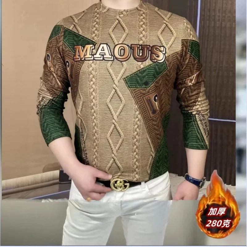 Men Clothing 2024 Autumn Winter Vintage Fashion Print Velvet Thicken ...