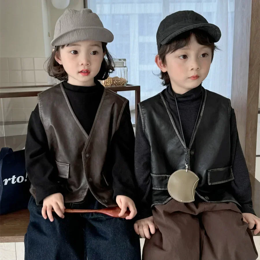 Children Clothes Kids Coat 2024 Autumn New Solid Color Leather Vest ...