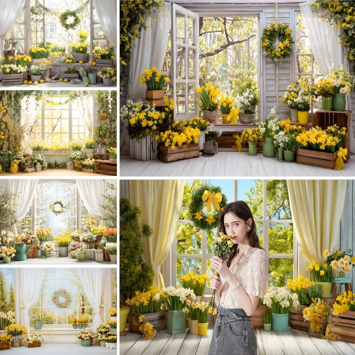 Spring Photography Backdrop Yellow Flowers Potted Plant by Indoor ...