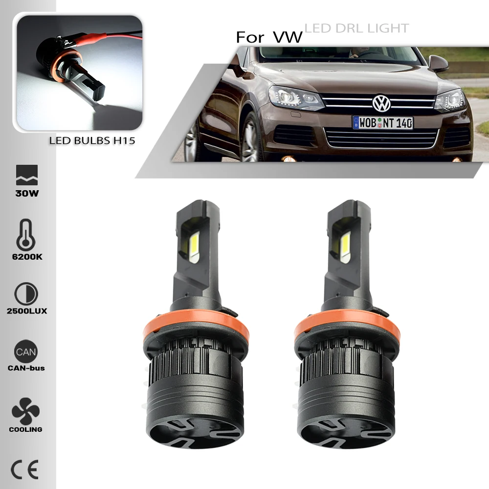2pcs H15 Led Bulbs White Canbus Led High Beam With Drl For 2011-2014 Vw ...