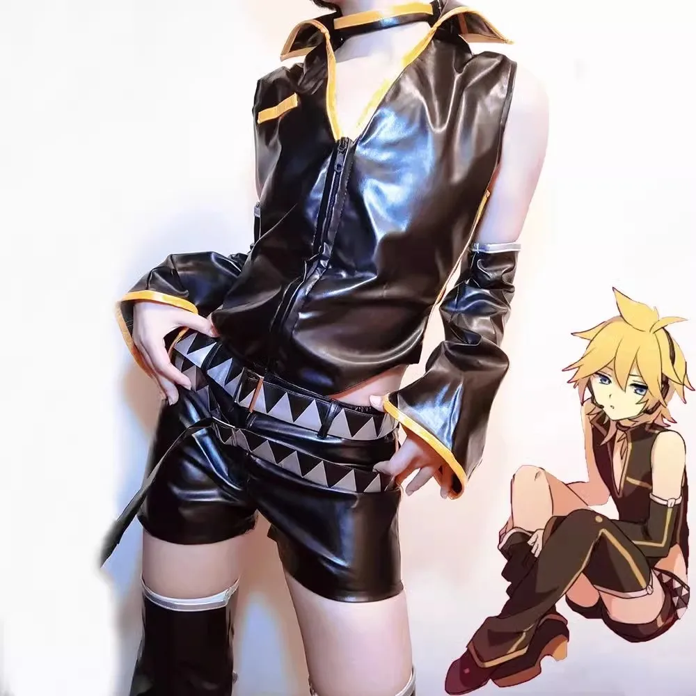 Len Anime Game Cosplay Costume Adult Unisex Leather PU Top Shorts Suit ...