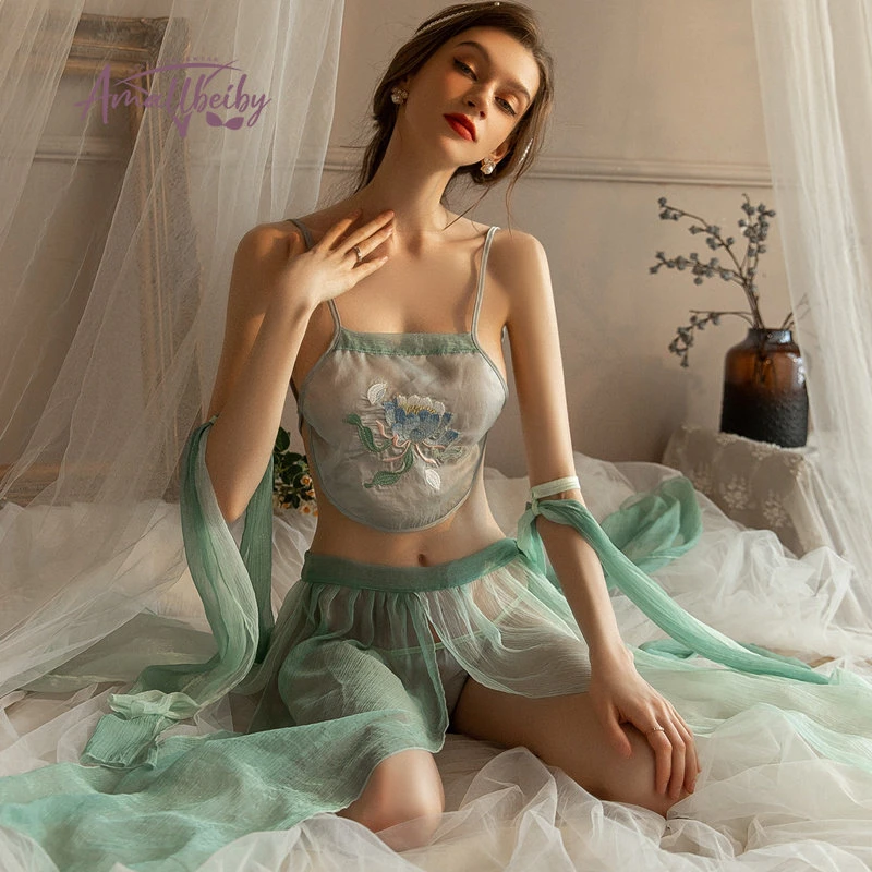 Green Hanfu Ancient Chinese Traditional Dress Erotic Lingerie Female Apron Hanfu Uniform ...