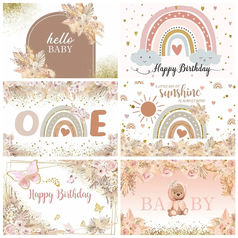 Sunshine-Rainbow-Baby-1st-Birthday-Backdrops-Boho-Flowers-Photography ...