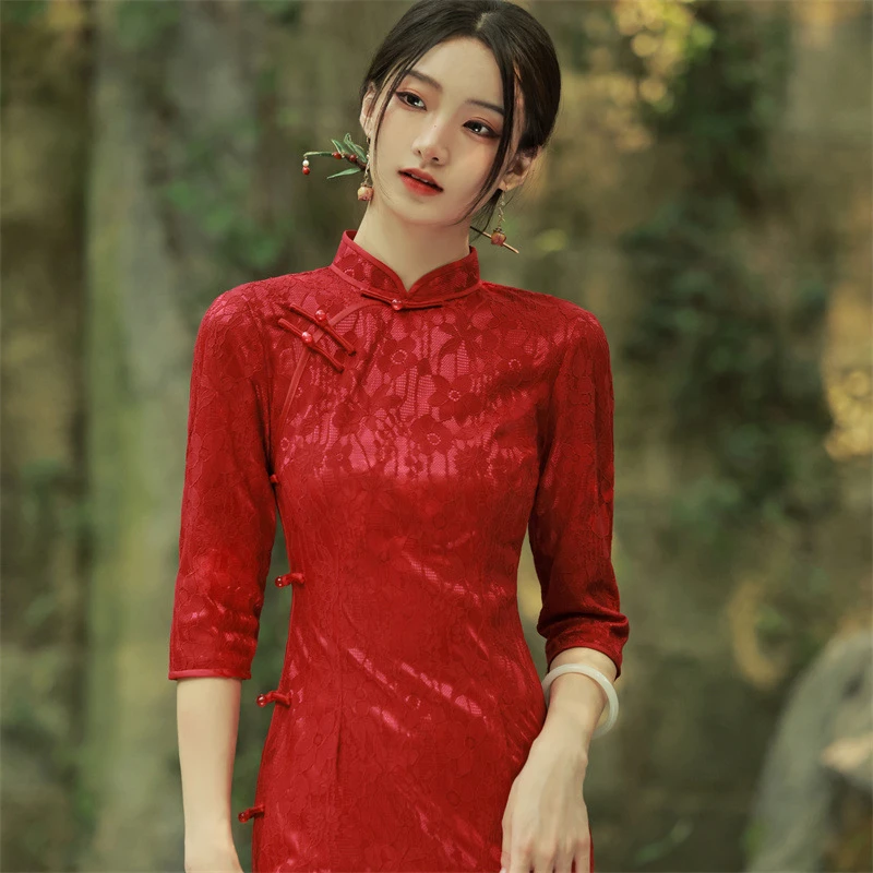 Vintage Chinese Style Mini Cheongsam New Arrival Women's Lace Qipao Red ...