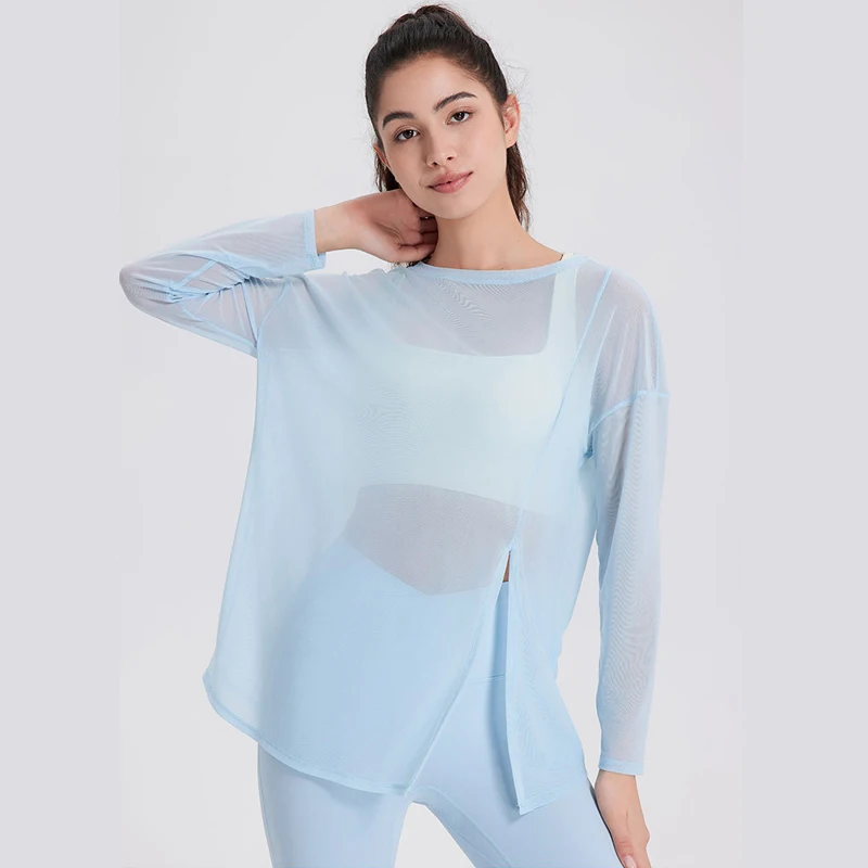 Long Sleeve Yoga Shirt Women Sexy Mesh Breathable Outdoor Running ...