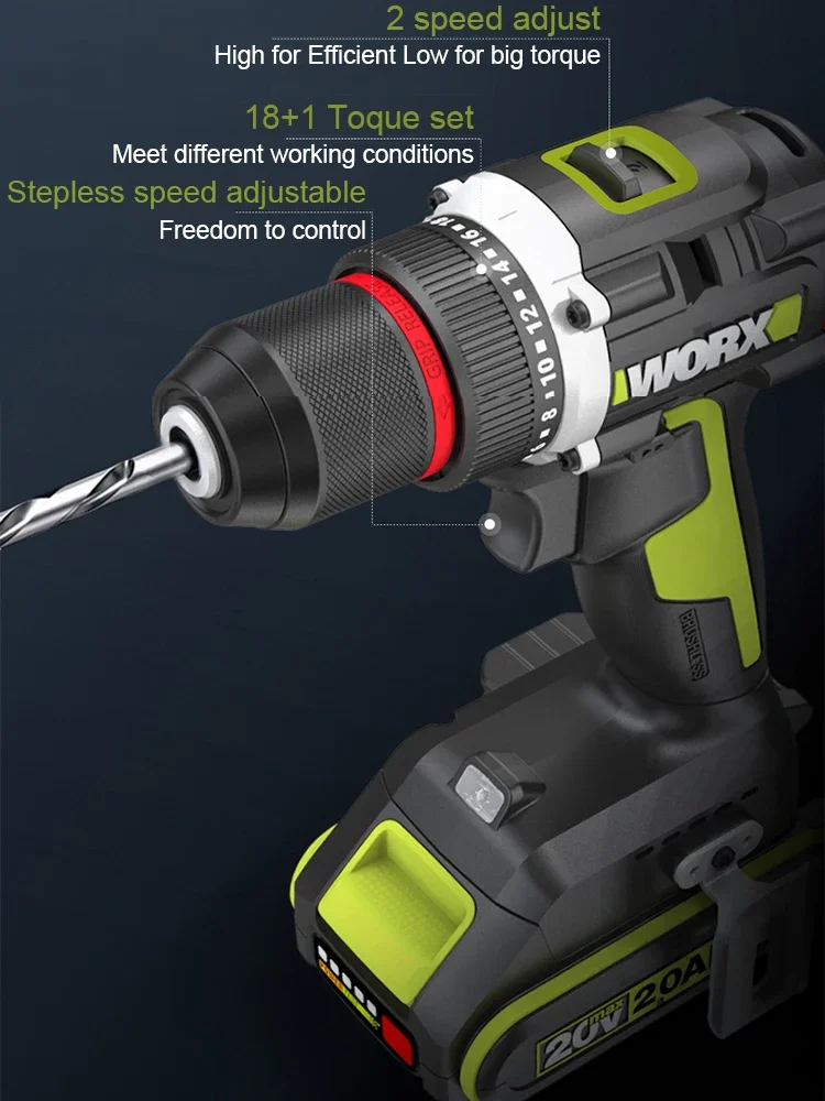 Worx Cordless Dual Speed Drill Rechargeable Brushless WU173 20v 50Nm 1900rpm 18 1 Torque Adjustable Share Green Battery Platform AliExpress 1420