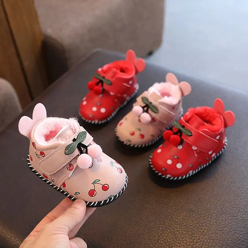Winter Warm Cute Baby Girls Cherry Prints Hook & Loop Cotton Baby First Walker Shoes Versatile ...