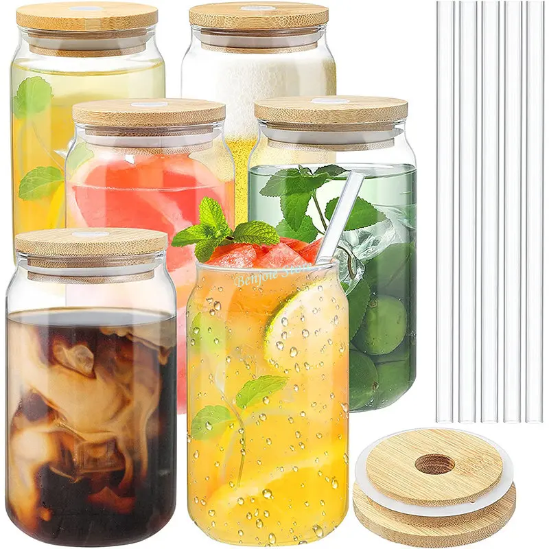 500ml Glass Cups with Bamboo Lids and Straws Transparent Glass Cups ...