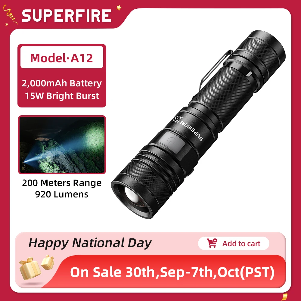 SUPERFIRE-A12-Powerful-LED-Flashlight-USB-C-Rechargeable-Zoomable-18650-EDC-Torch-5-Mode-Light ...