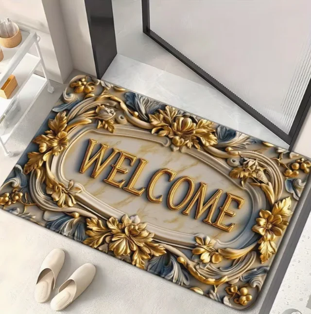Elegant 3D Gold Frame Welcome Door Mat Anti Slip and Absorbent Bathroom ...