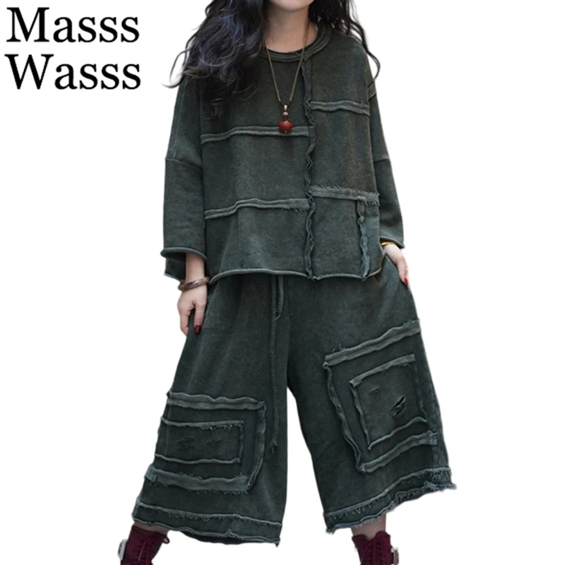 Masss Wasss 2025 夏のレディースファッション 2 枚セットルーズトップス Tシャツレジャーワイドパンツヴィンテージスーツ ...
