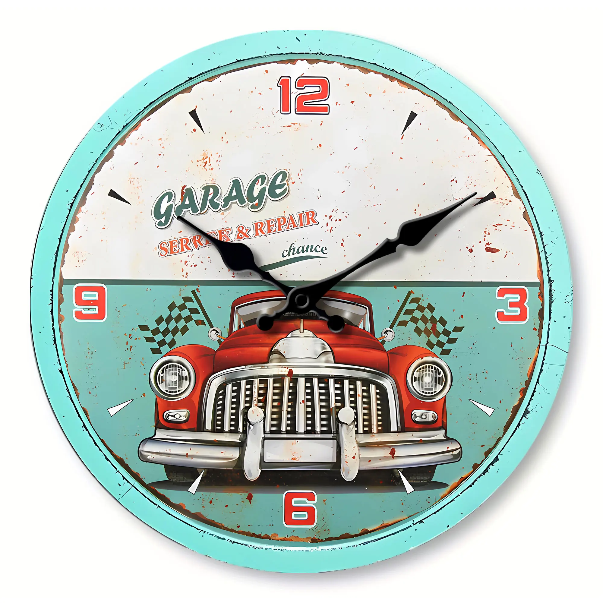 1pc Round wooden wall clock, your "Blue Garage" has a retro red sports ...