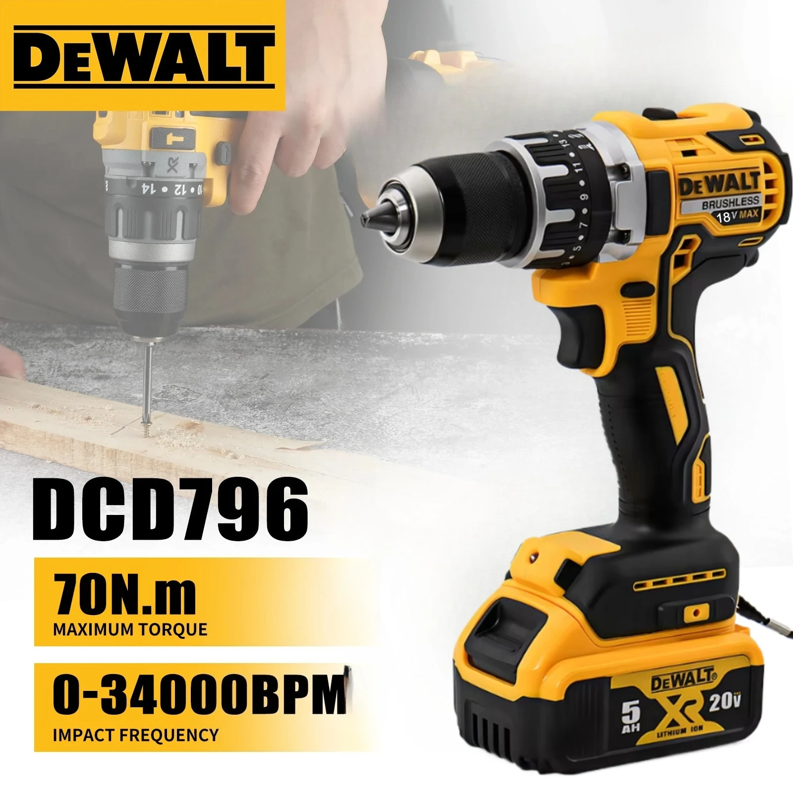 디월트 DCD796 브러시리스 임팩트 전동 드릴 다기능 무선 스크루드라이버 충전식 전동 공구 18v-20V 배터리 ...